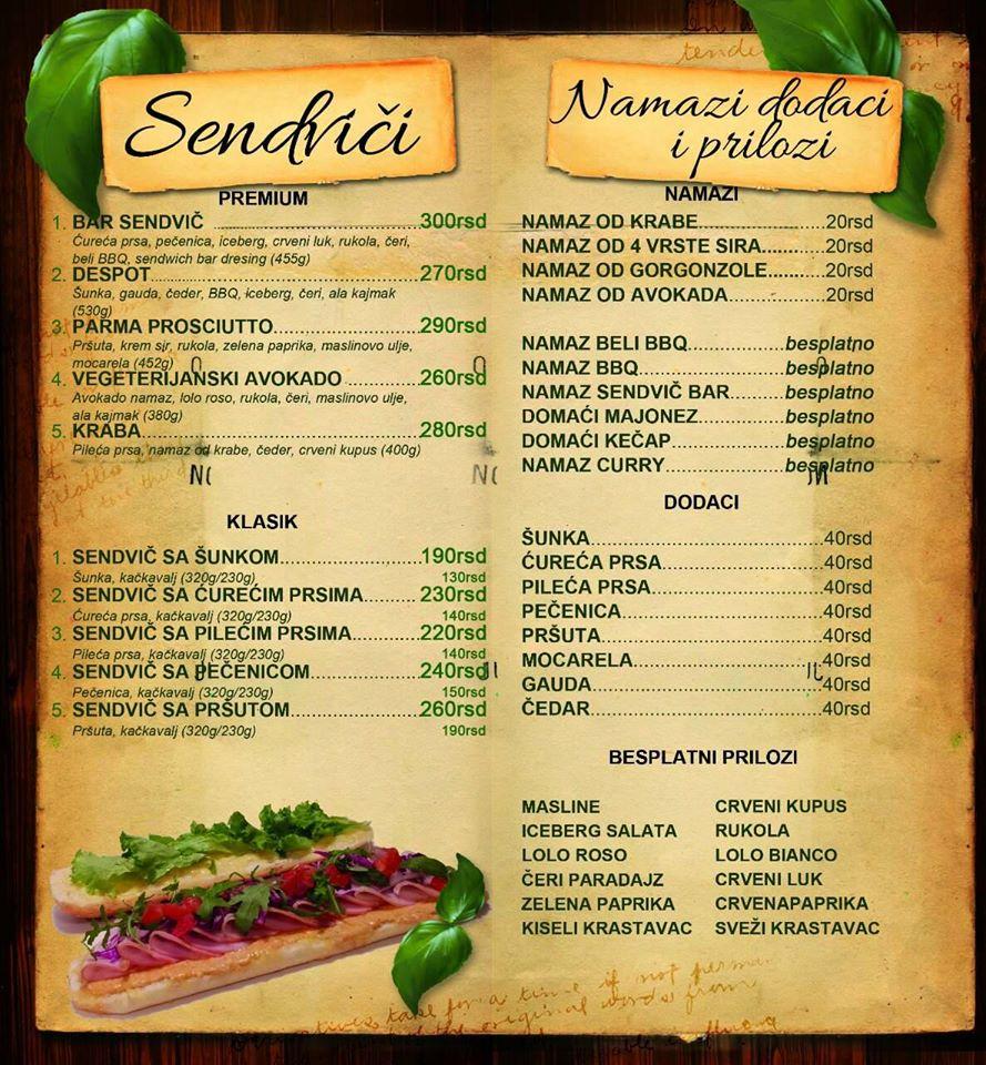 Menu at Sandwich Bar, Belgrade, Despota Stefana Boulevard