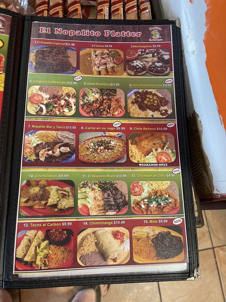 Menu at Taqueria El Nopalito restaurant, Pearland