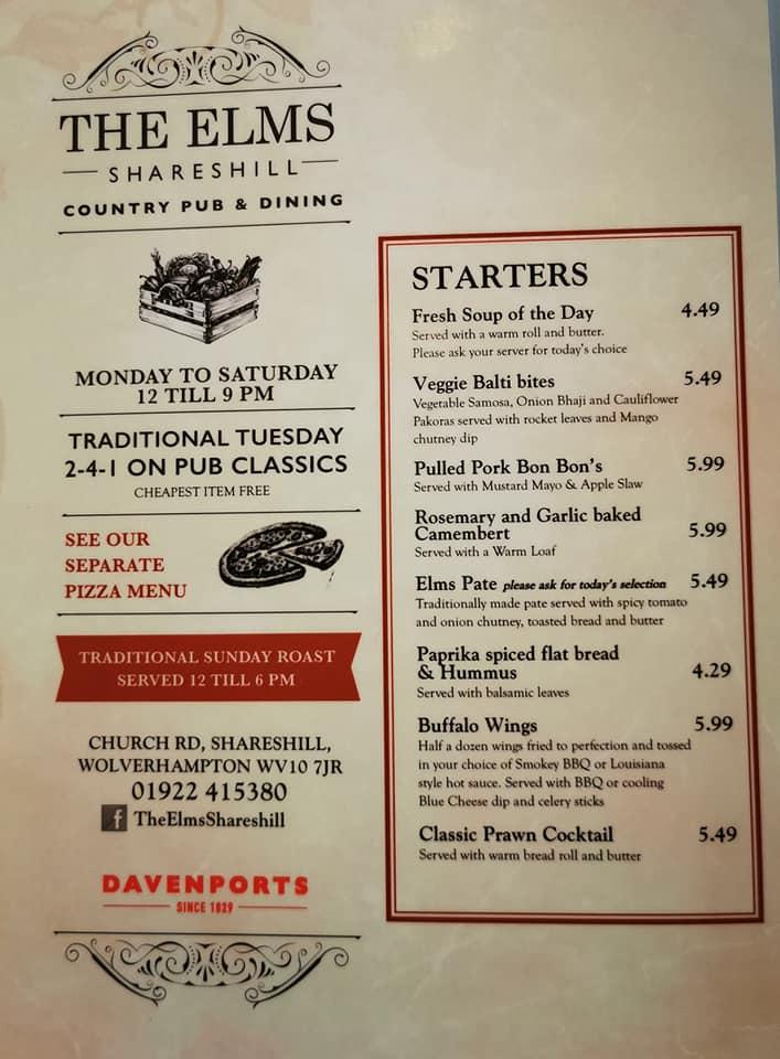 Menu at The Elms Public House, Wolverhampton, Church Rd