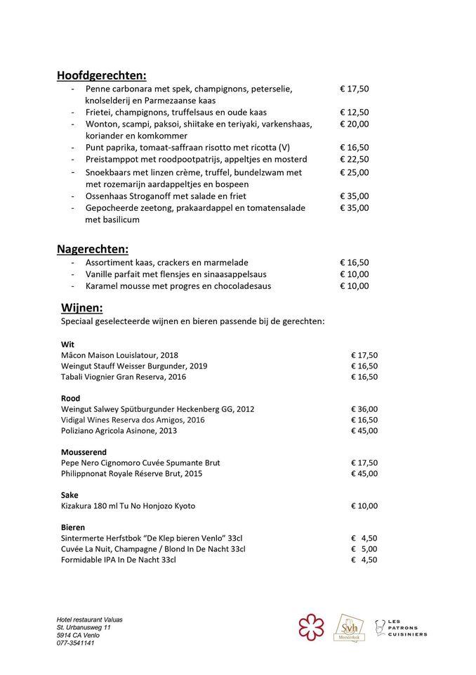 Speisekarte von Valuas, Venlo