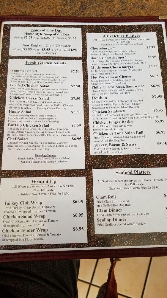 Menu at AJ's restaurant, West Warwick