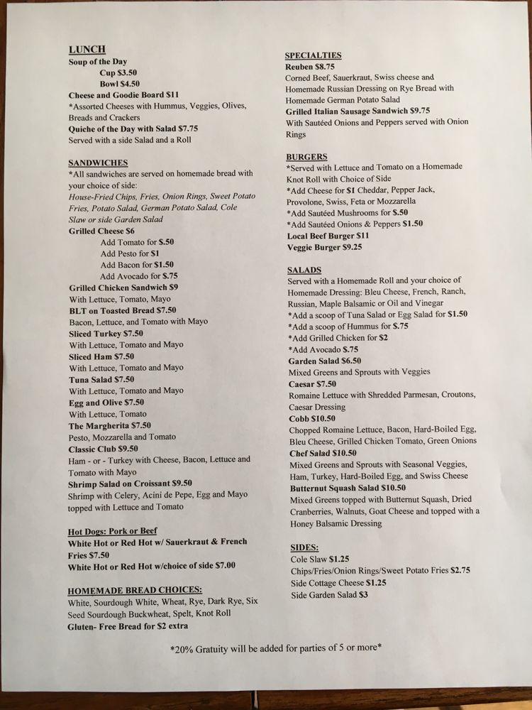 Menu at Baked cafe, Shelburne Falls