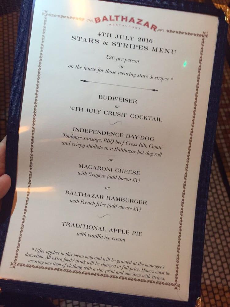 Menu at Balthazar restaurant, London
