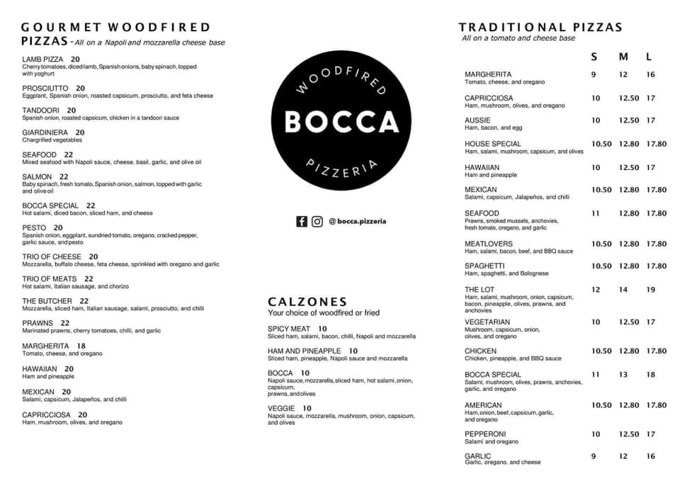 Carta de Bocca Family Pizza Restaurant, Warrandyte