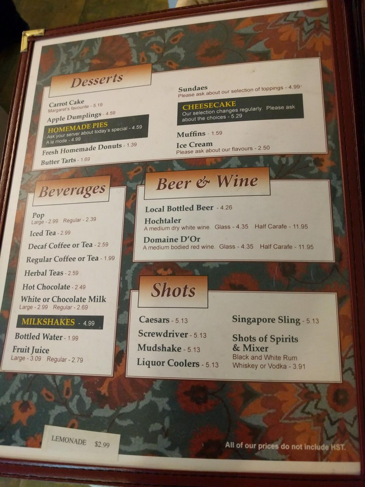 Menu at Crossroads Restaurant, Windsor, Nova Scotia Trunk 1