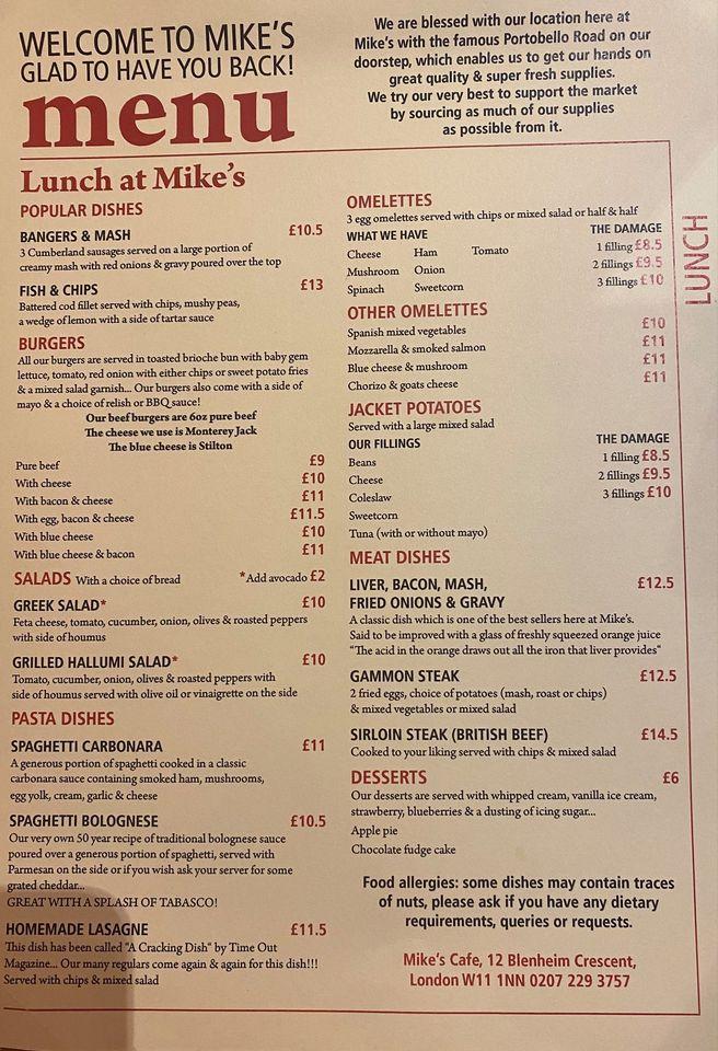 Menu at Mike's Cafe, London