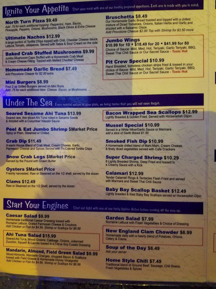 Menu at Racing's North Turn restaurant, Ponce Inlet