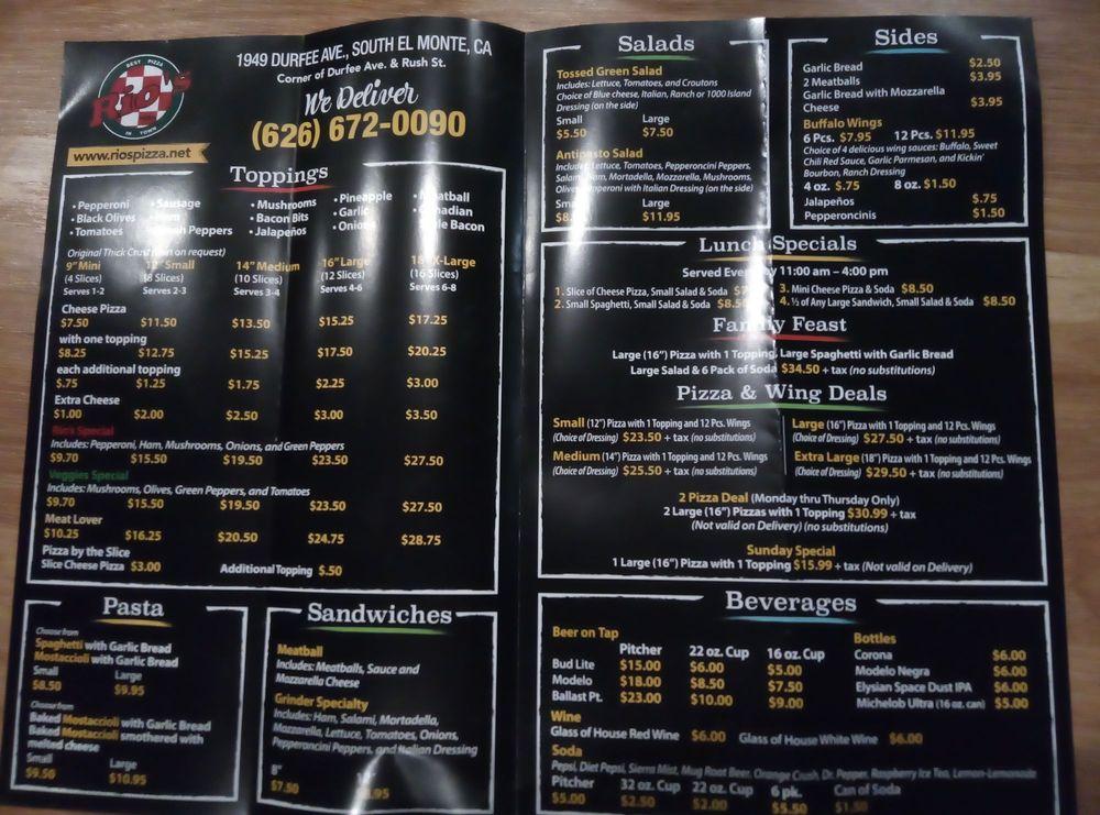 Carta de pizzería Rio's Pizza, South El Monte