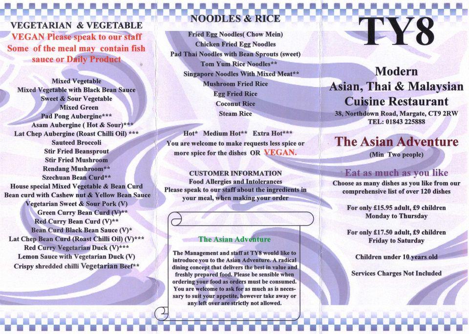 Menu at TY8 restaurant, Margate