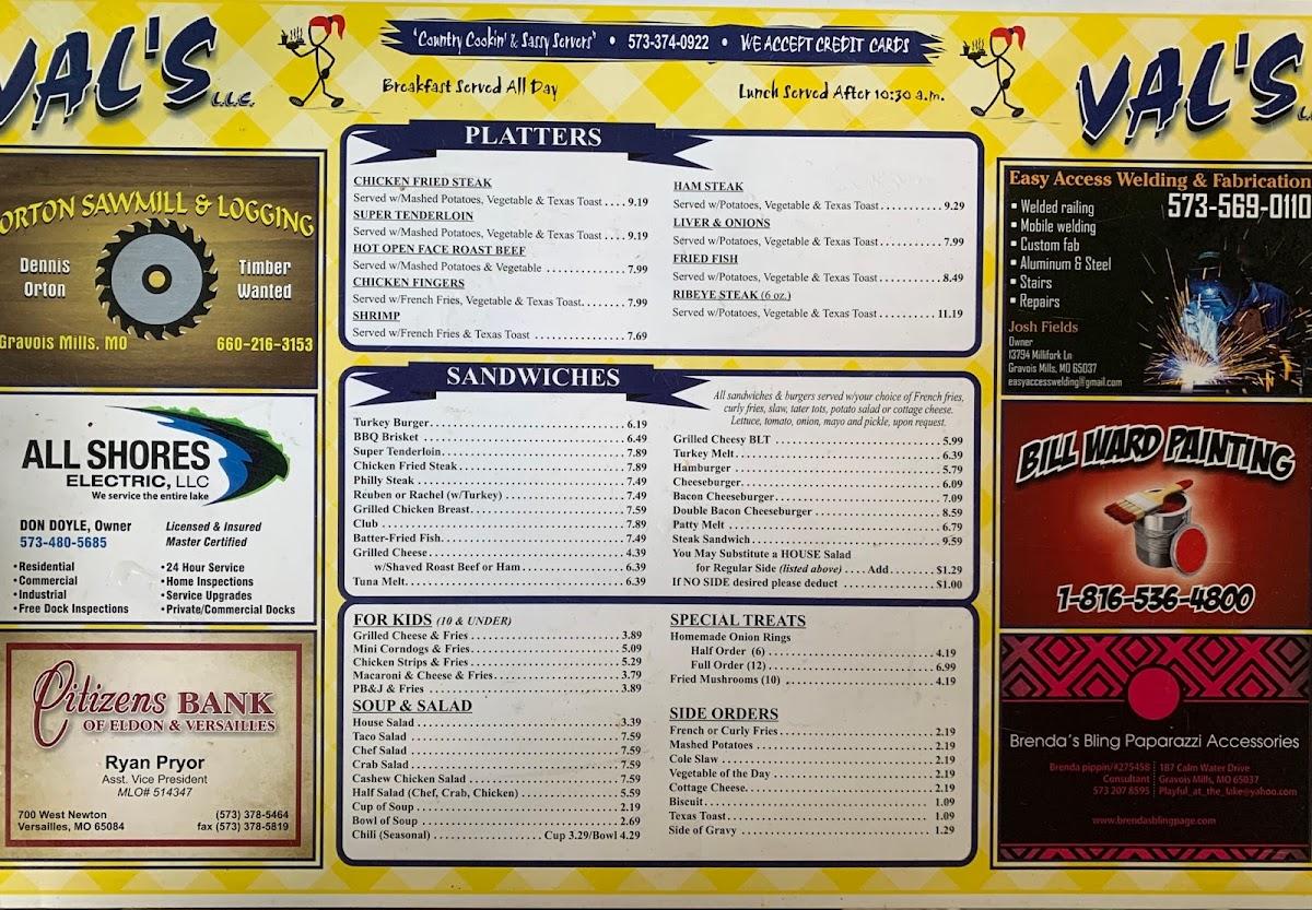 Menu at Val's restaurant, Laurie