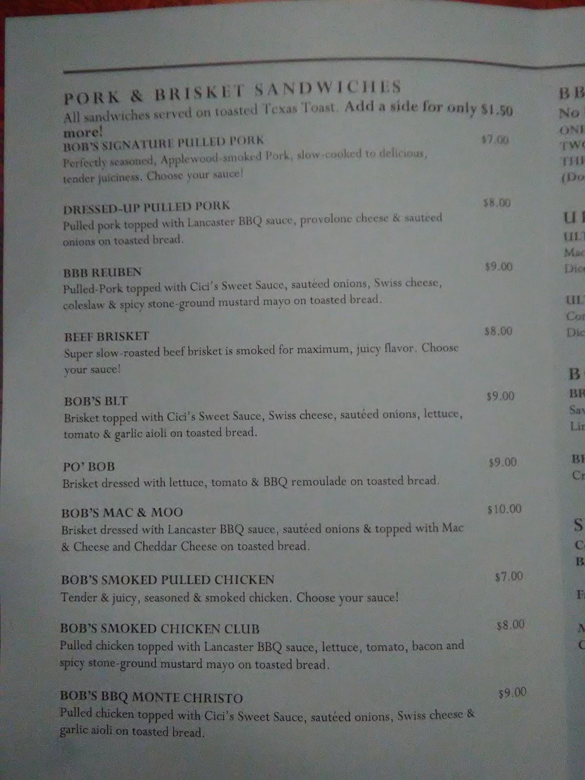 Menu at Bob’s Backyard Barbeque, Lancaster, 157 W Main St