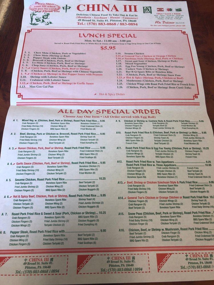 Menu at China III restaurant, Pittston