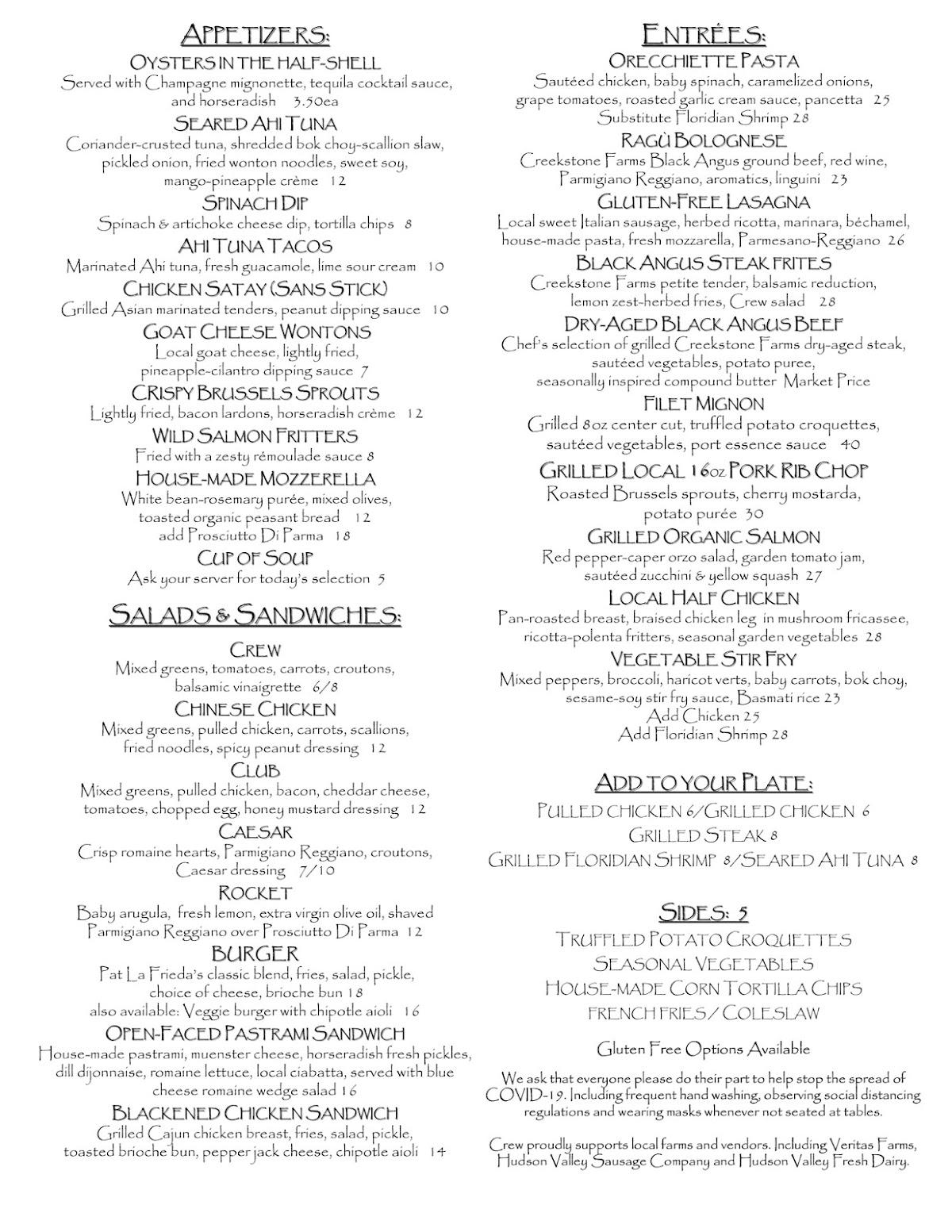Menu at Crew Restaurant & Bar, Poughkeepsie