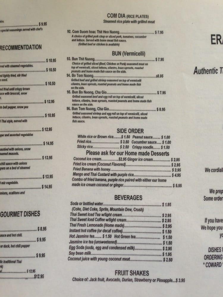 Menu at Erawan Thai restaurant, Columbus