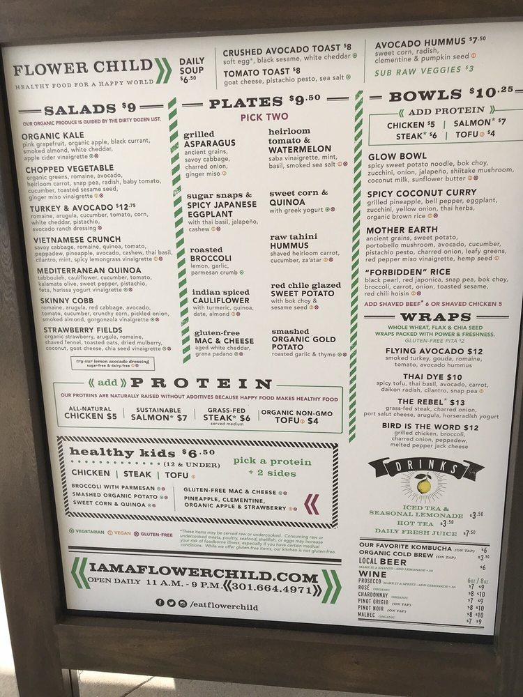 Menu at Flower Child (Bethesda) restaurant, Bethesda, Old Georgetown Rd