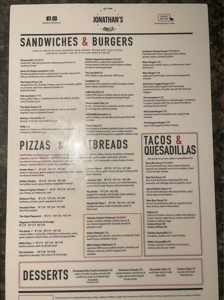 Menu at Jonathan's Grille pub & bar, Nashville, Hwy 70 S