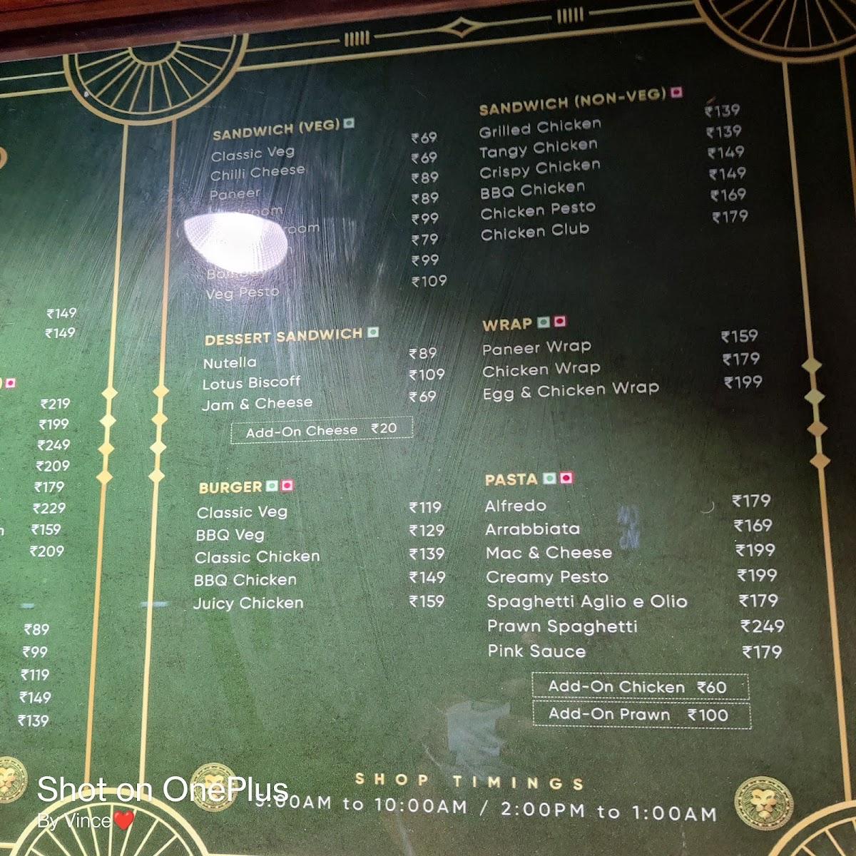 Menu at Kosmo cafe, Chennai