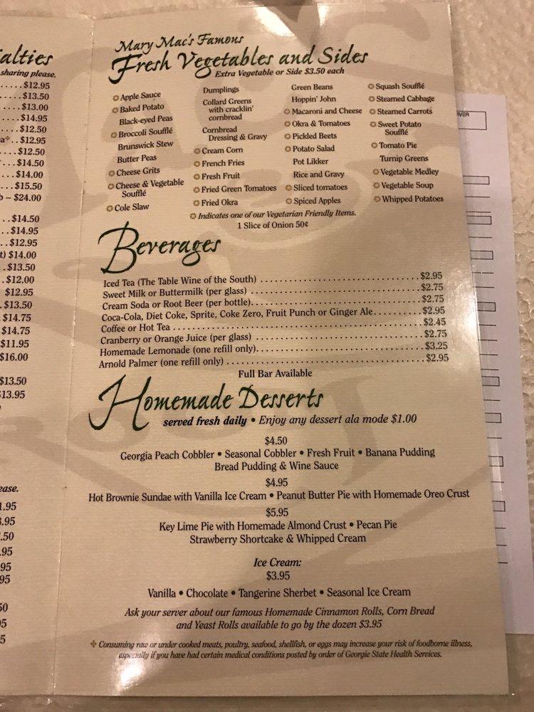 Menu at Mary Mac's Tea Room pub & bar, Atlanta