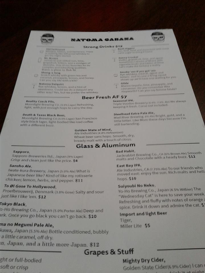 Menu at Natoma Cabana pub & bar, San Francisco
