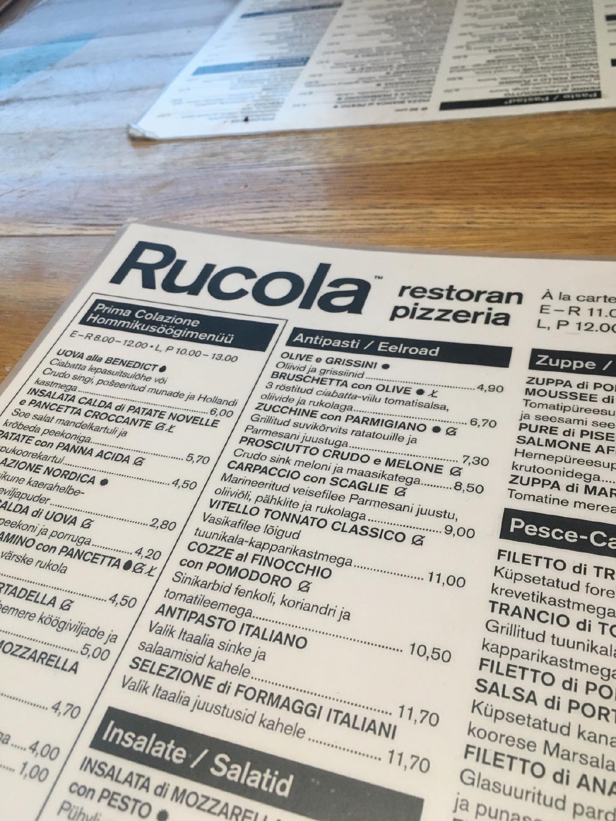 Menu at Rucola restoran & pizzeria, Tallinn