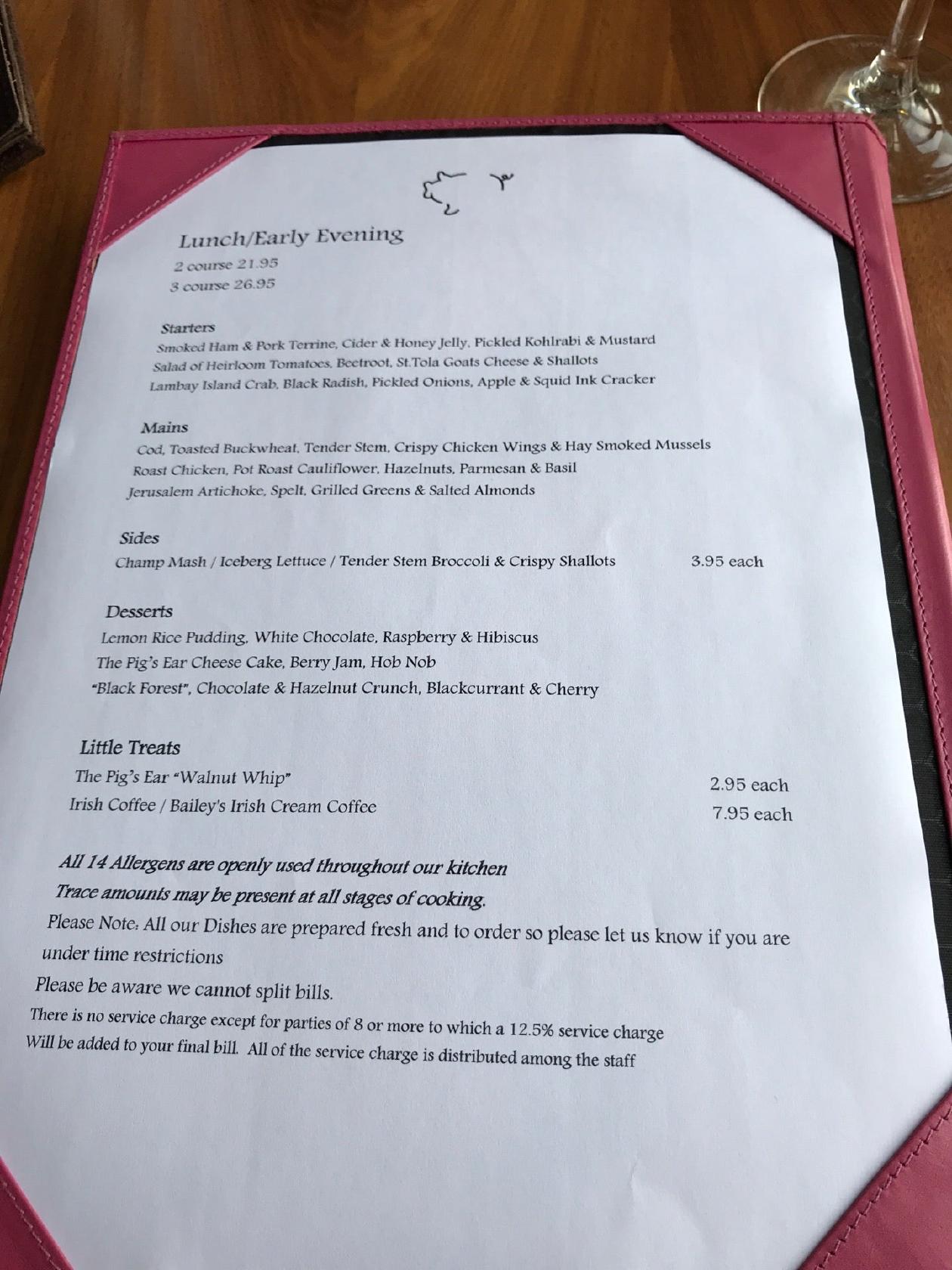 Menu at The Pig's Ear restaurant, Dublin