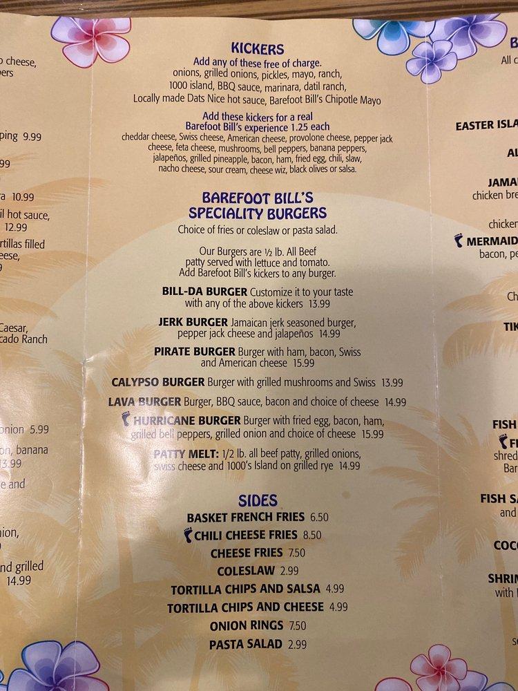 Menu at Barefoot Bill's Island Grill, St. Augustine
