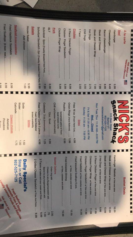 Menu at Nicks Snack Shack fast food, Barton