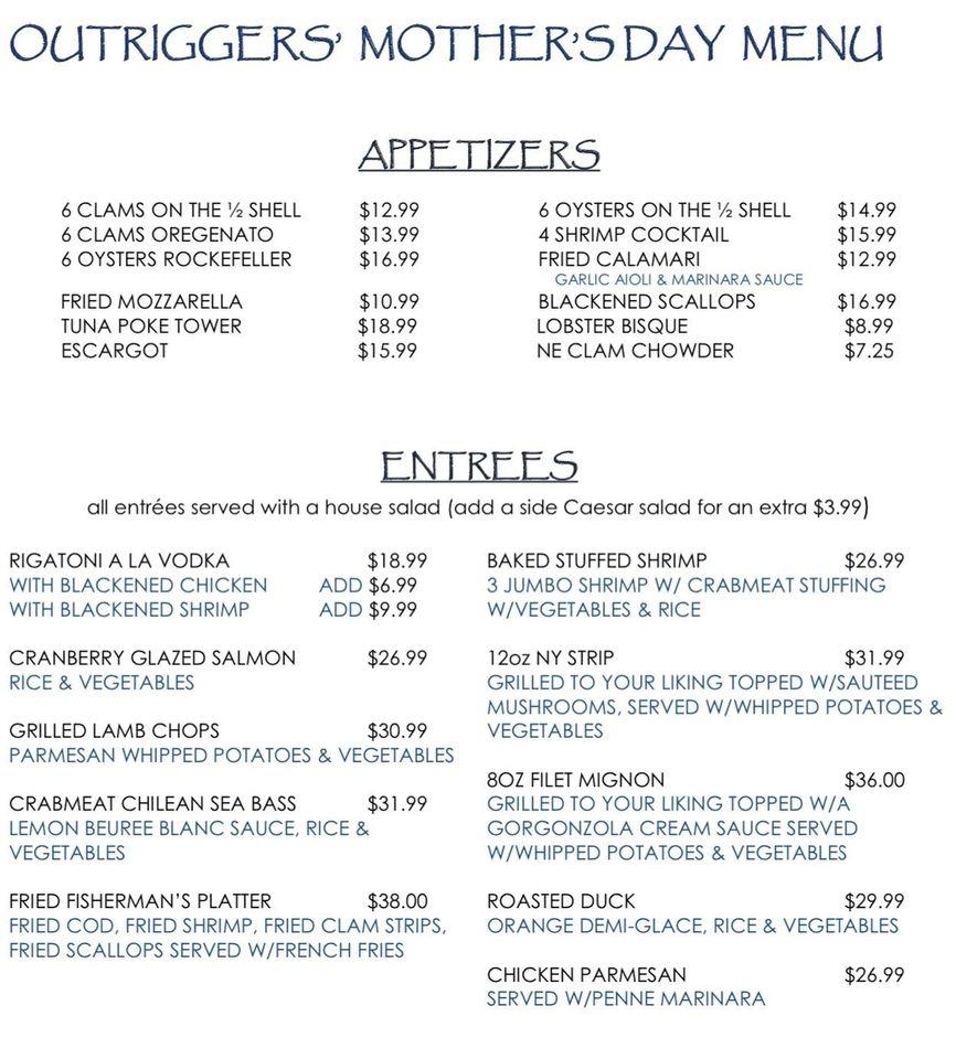 Menu at Outriggers Restaurant, Stratford