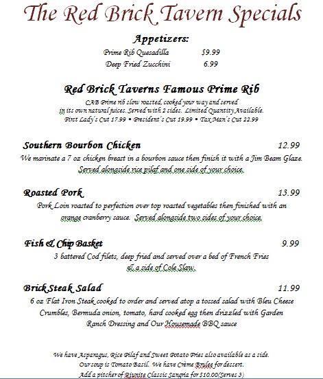 Menu at Red Brick Tavern pub & bar, London, Cumberland St