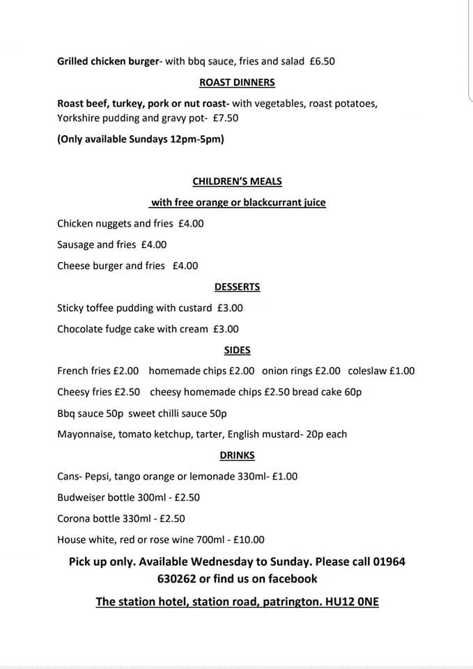 Menu at Station Hotel restaurant, Patrington