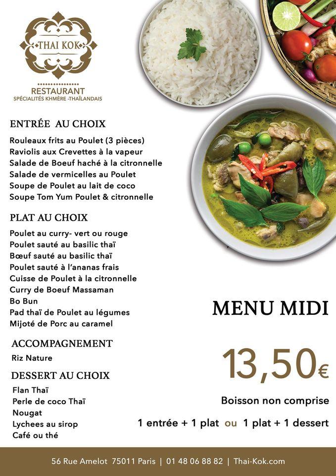 Menu at Thai Kok restaurant, Paris