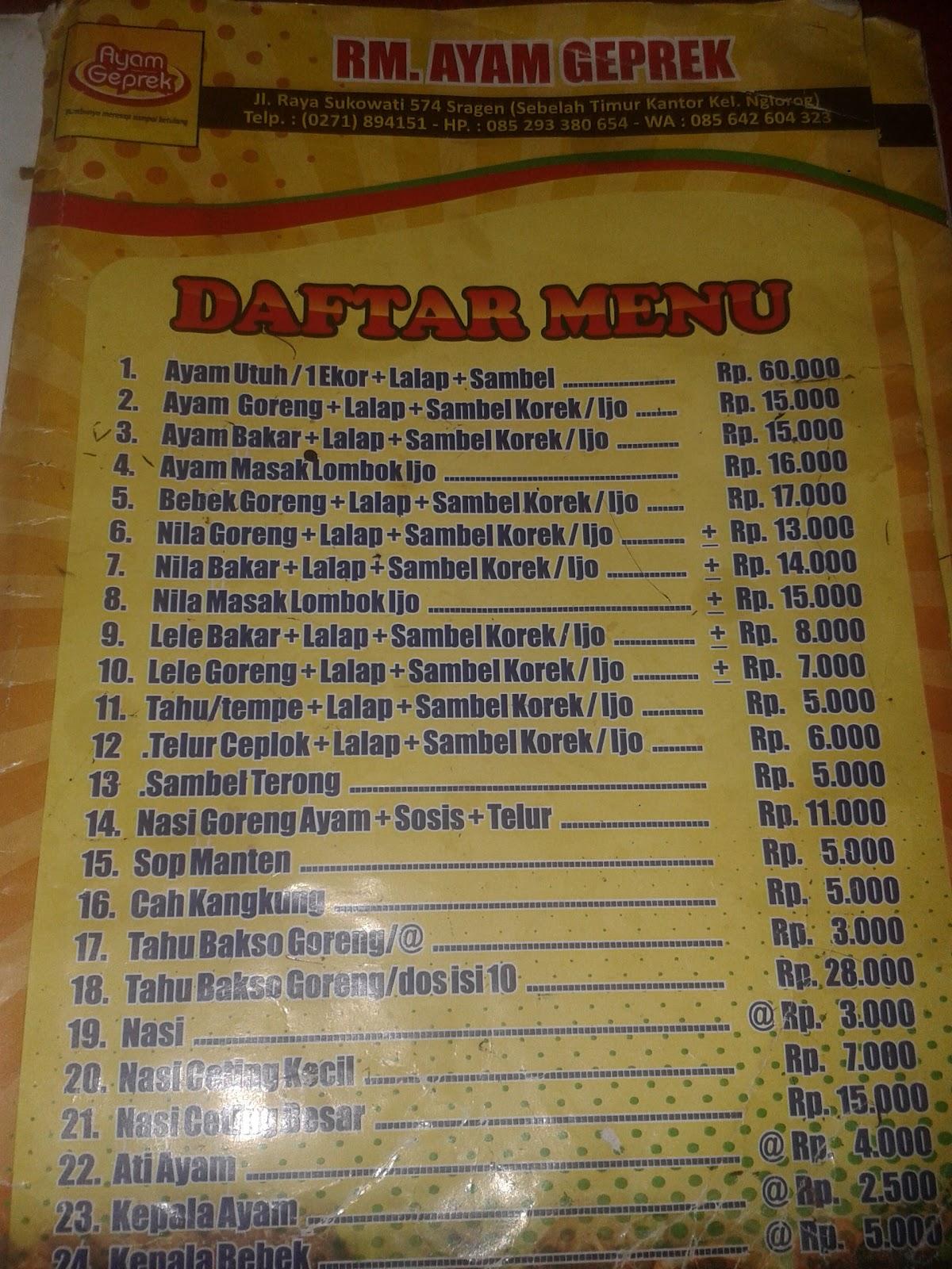 Menu at Ayam Geprek restaurant, Sragen, Jl. Raya Ngawi - Solo