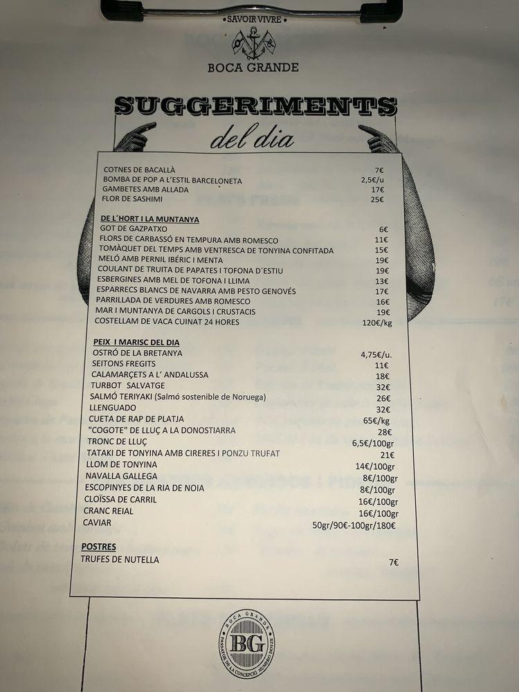 Menu at Boca Grande pub & bar, Barcelona, Passatge de la Concepció