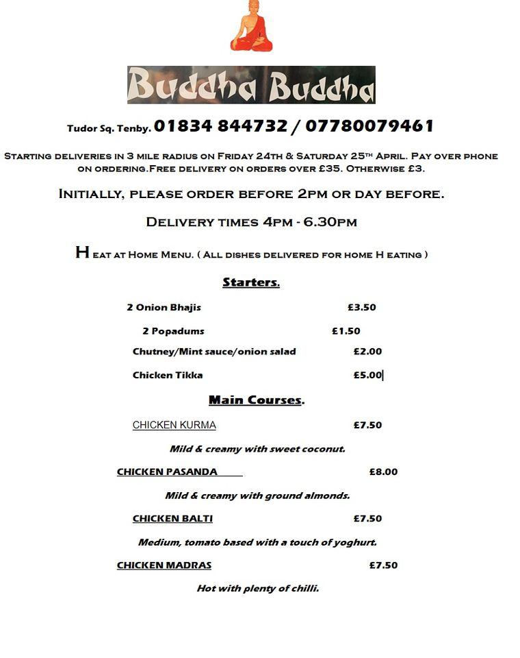 Menu at Buddha Buddha restaurant, Tenby