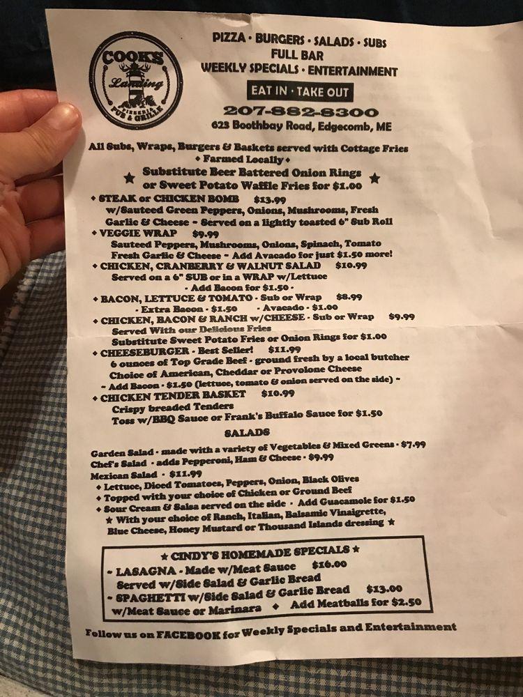 Menu at Cook's Landing Pizzeria & Pub, Edgecomb
