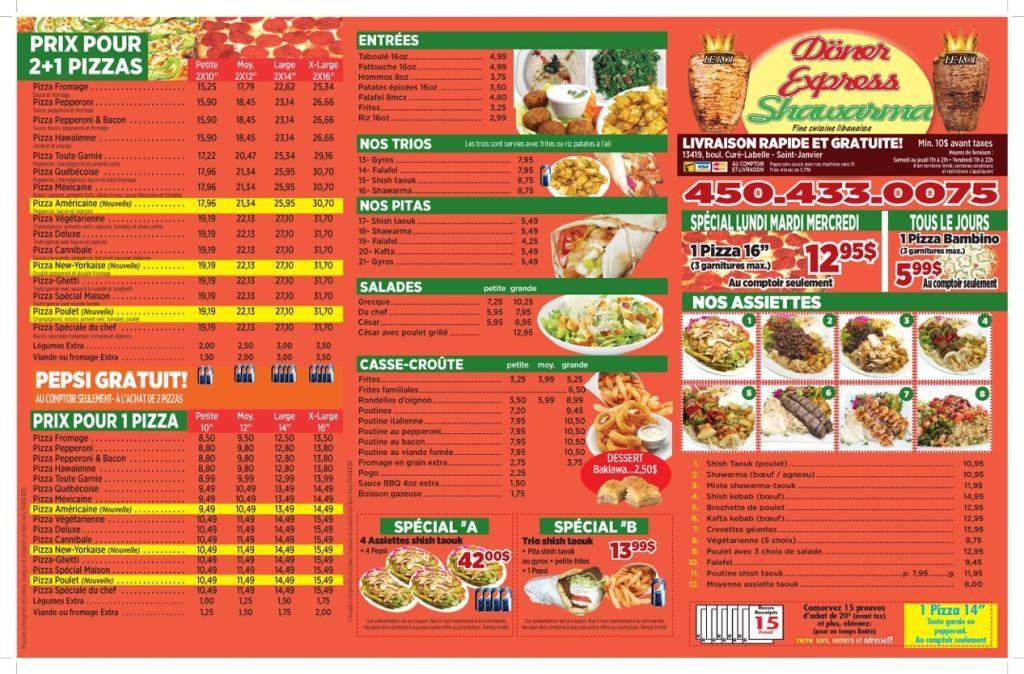 Menu at Doner Express Pizza restaurant, Mirabel