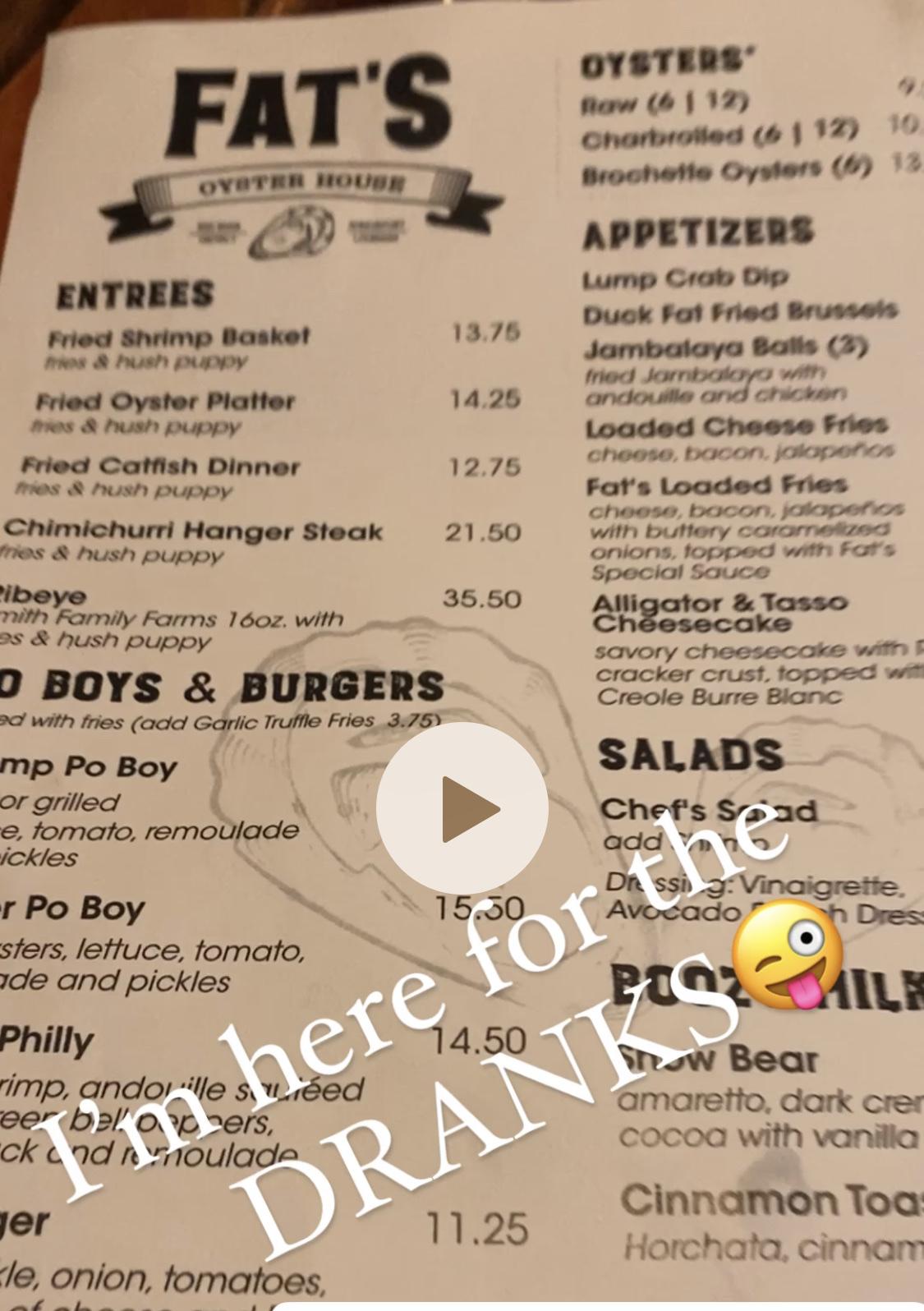 Menu at Fats Oyster House pub & bar, Shreveport