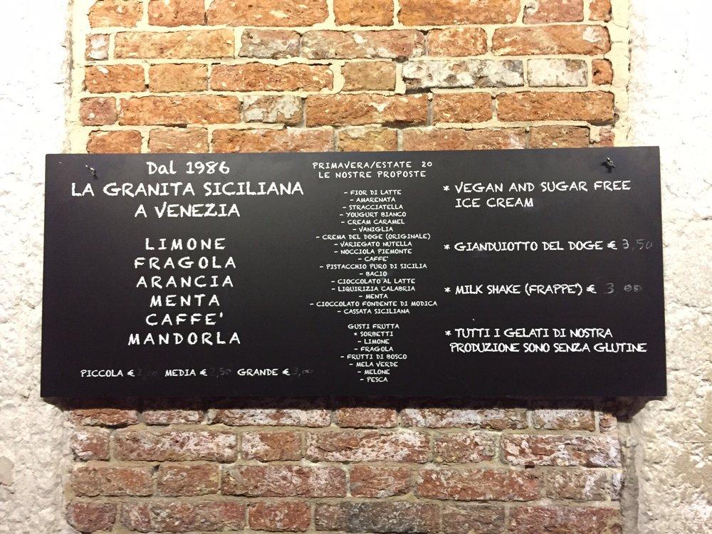 Menu at Gelateria il Doge restaurant, Venice, Dorsoduro