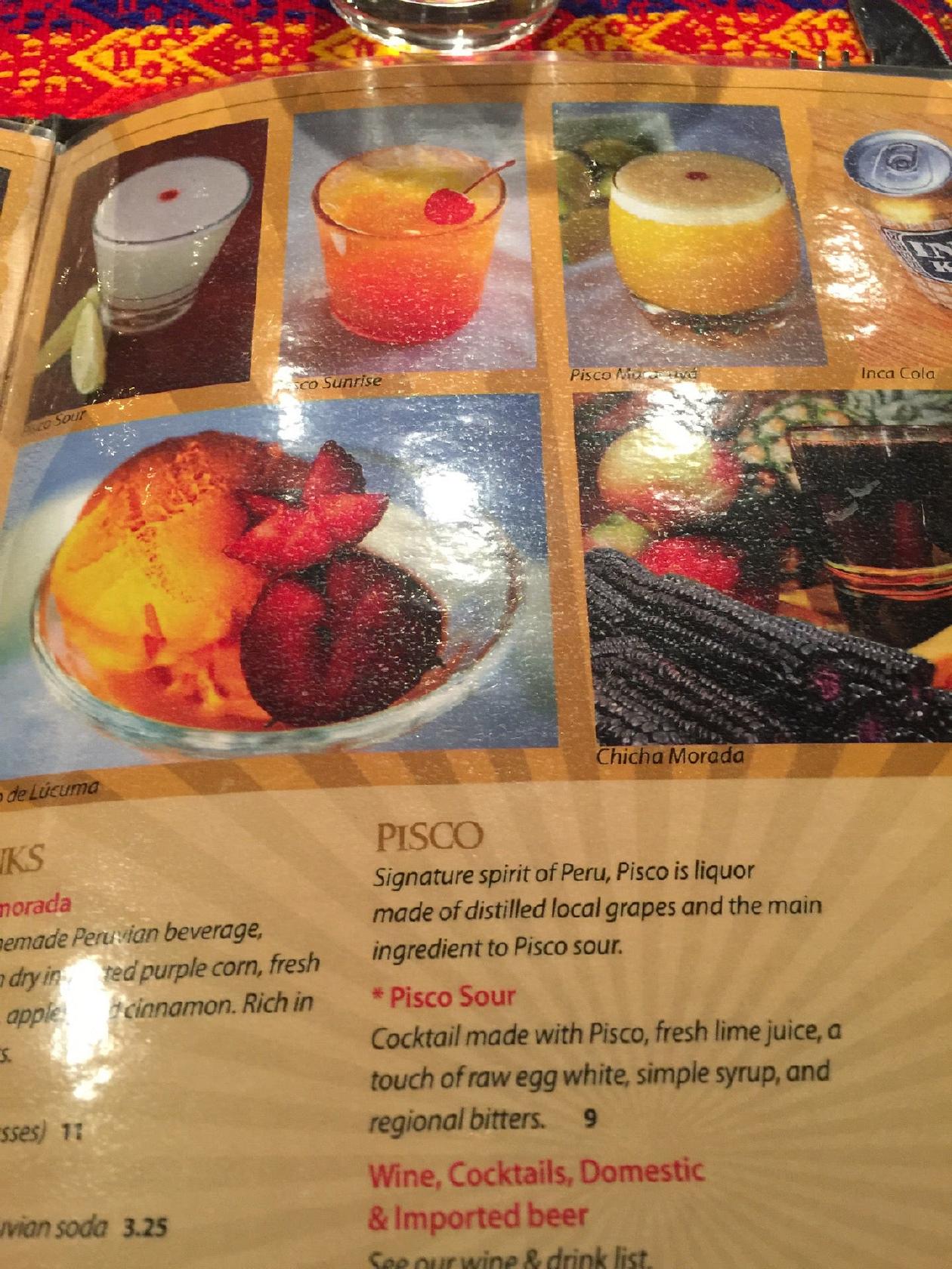 Menu at Inca's Peruvian Cuisine restaurant, Tucson