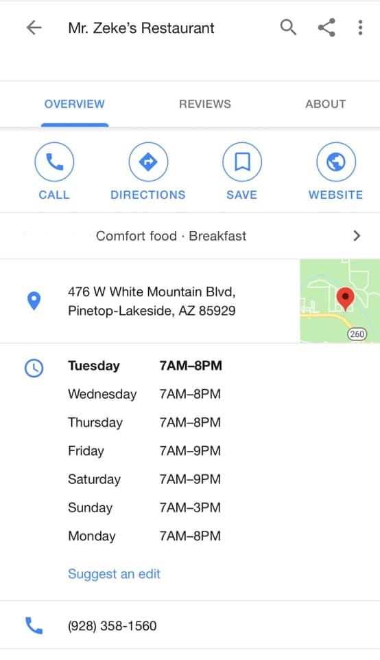Menu at Mr. Zeke’s Restaurant, Pinetop-Lakeside