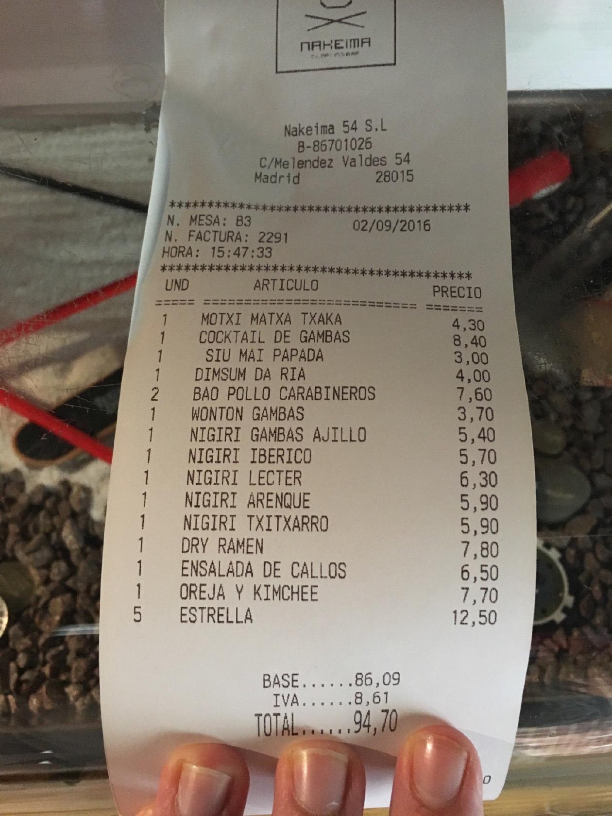 Carta del restaurante Nakeima, Madrid