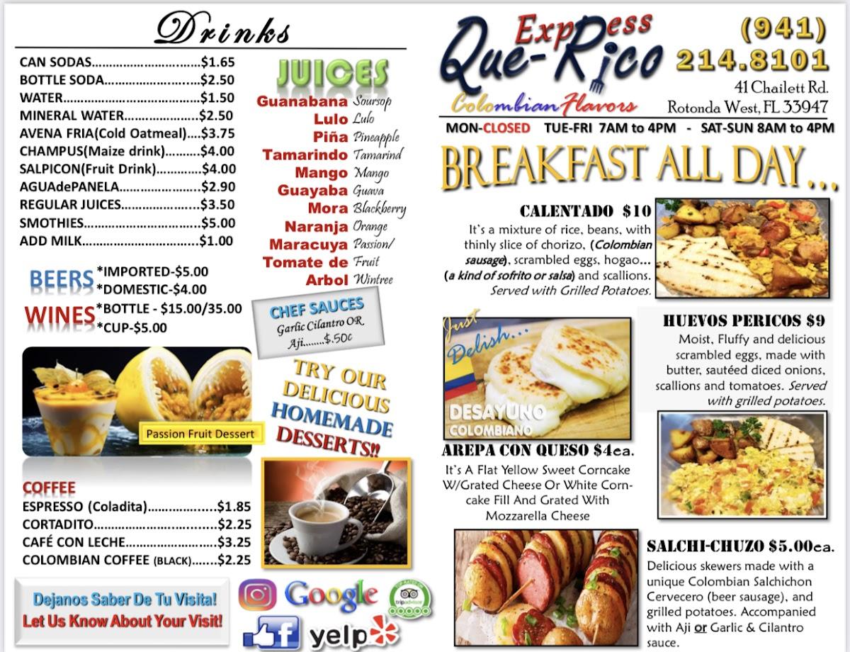 Menu at Que-Rico Colombian Flavors Restaurant, Rotonda West