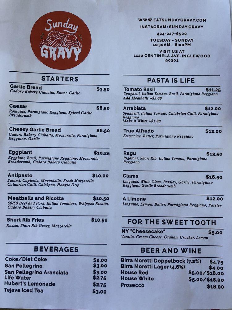 Menu at Sunday Gravy restaurant, Inglewood