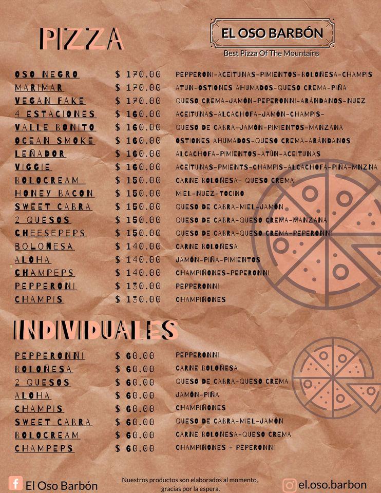 Menu at El Oso Barbón, Atzalán