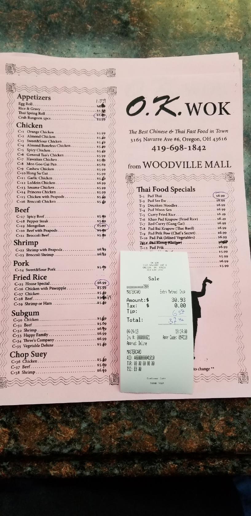 Menu at O.K. WOK fast food, Oregon