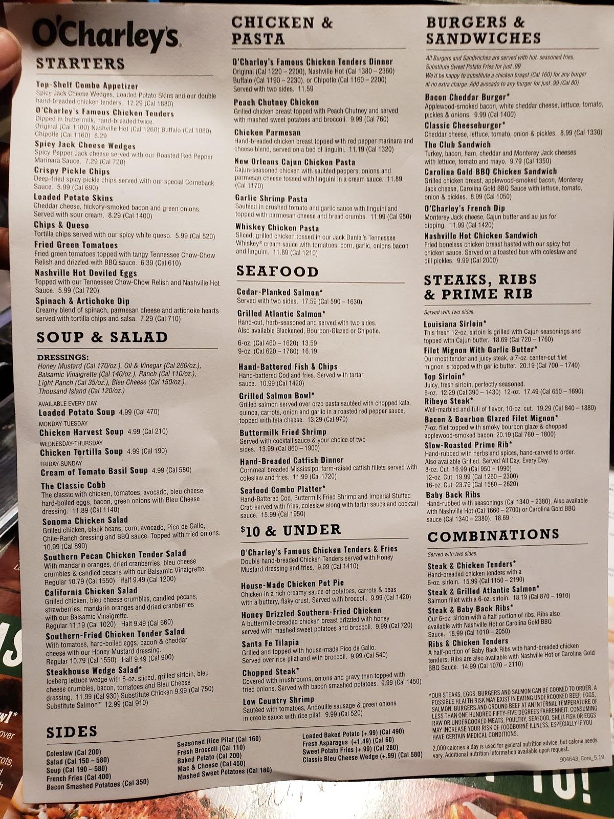 Menu at O'Charley's Restaurant & Bar, Stockbridge