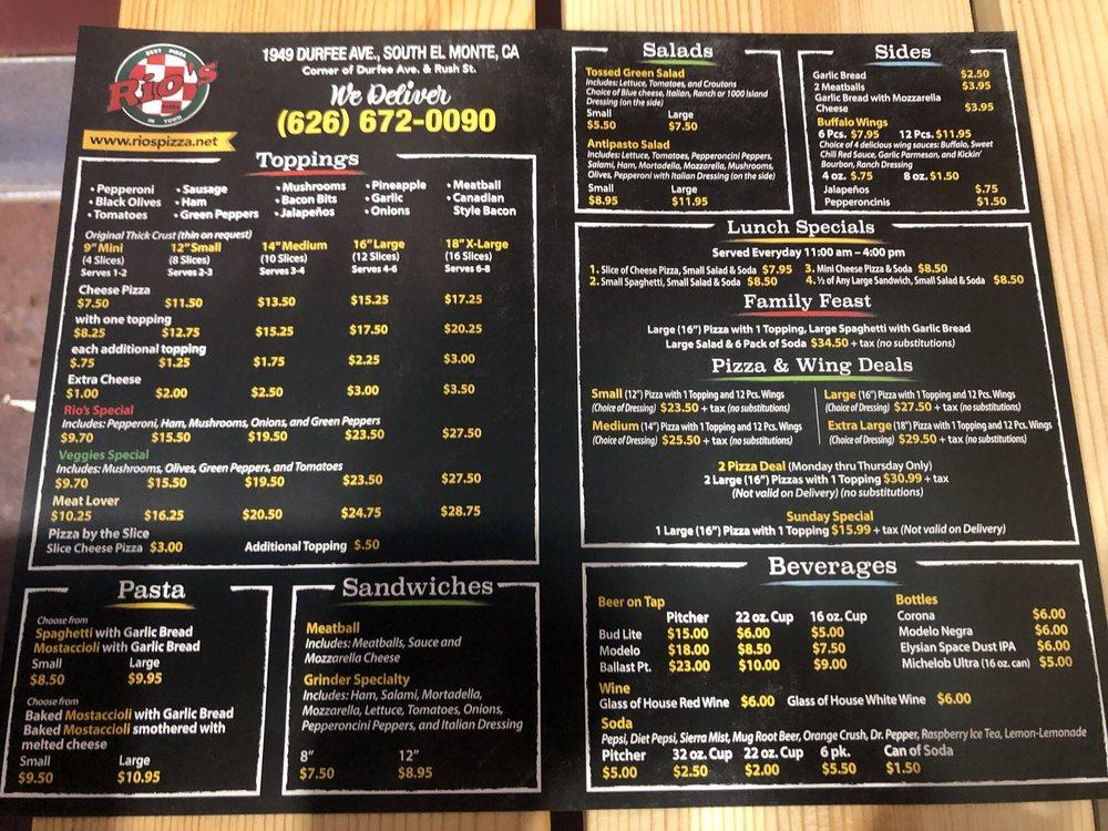 Menu at Rio's Pizza pizzeria, South El Monte