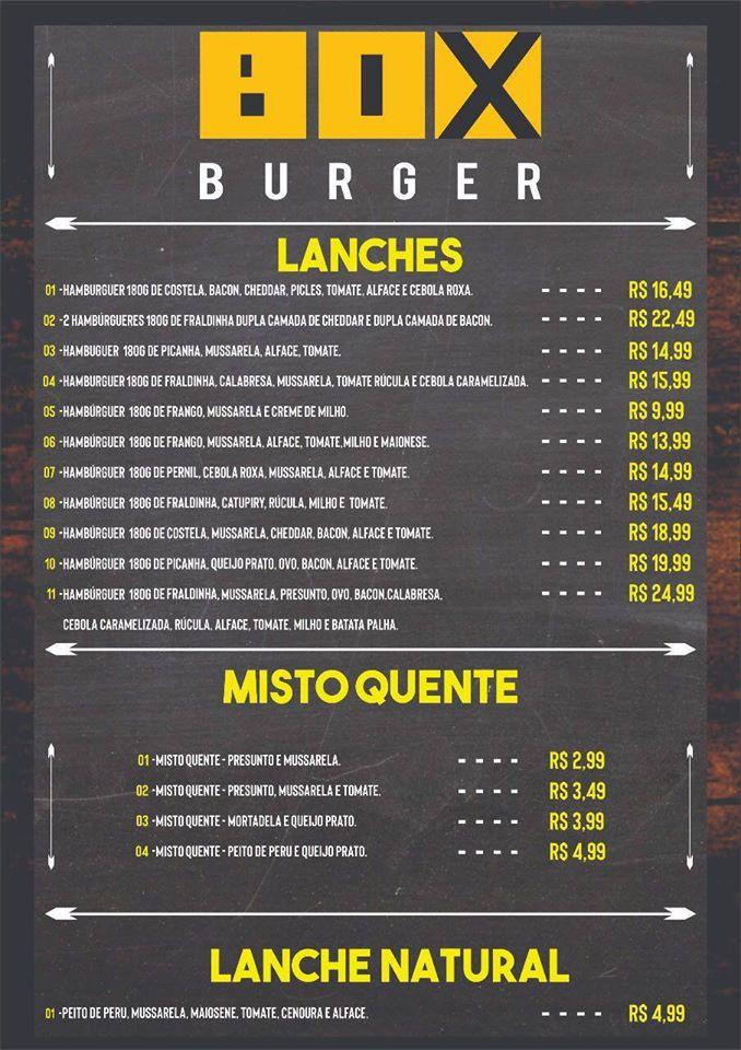 Menu em Box Burger restaurante, Juruaia