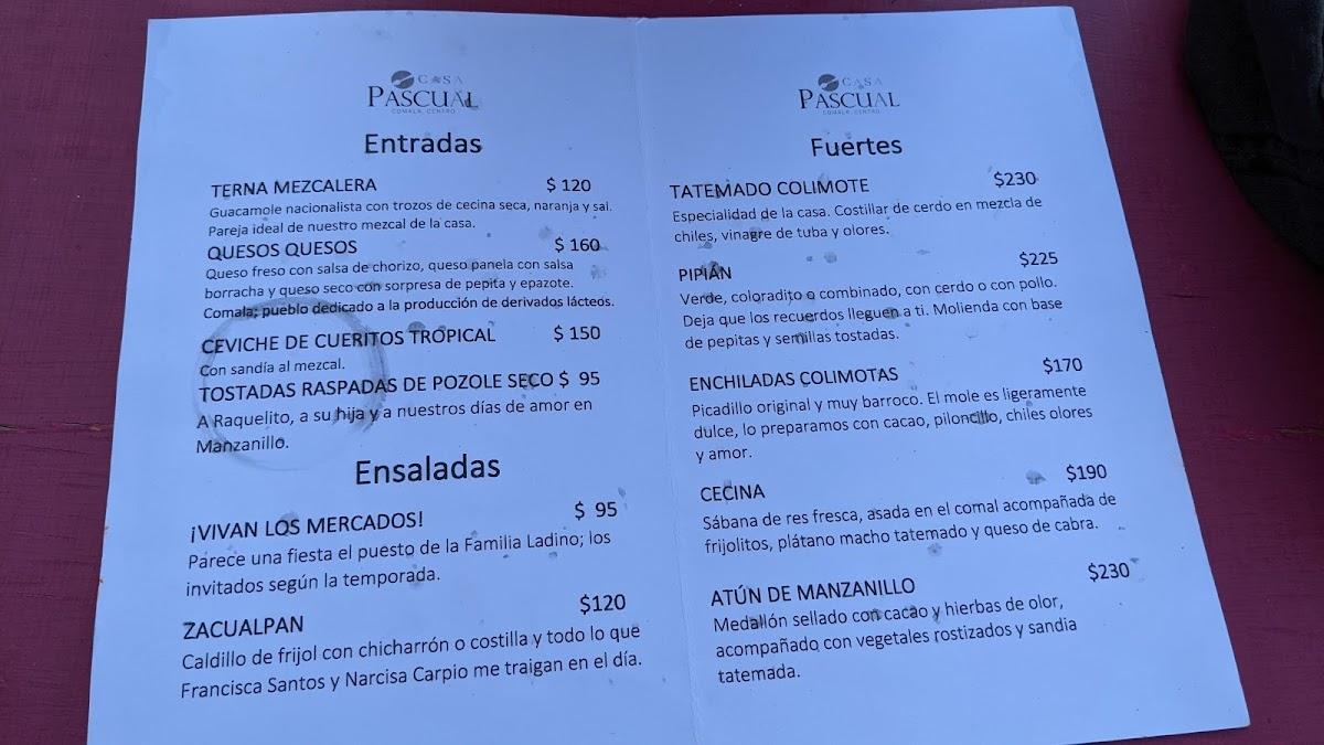 Menu at Casa Pascual restaurant, Comala