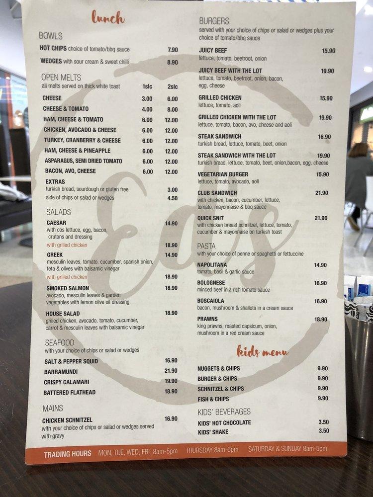 Menu at Ed's Cafe, Castle Hill